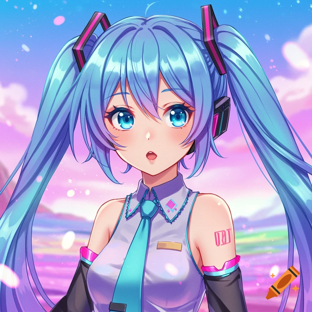 Anime style child resembling Hatsune Miku with blue eyes and purple ...