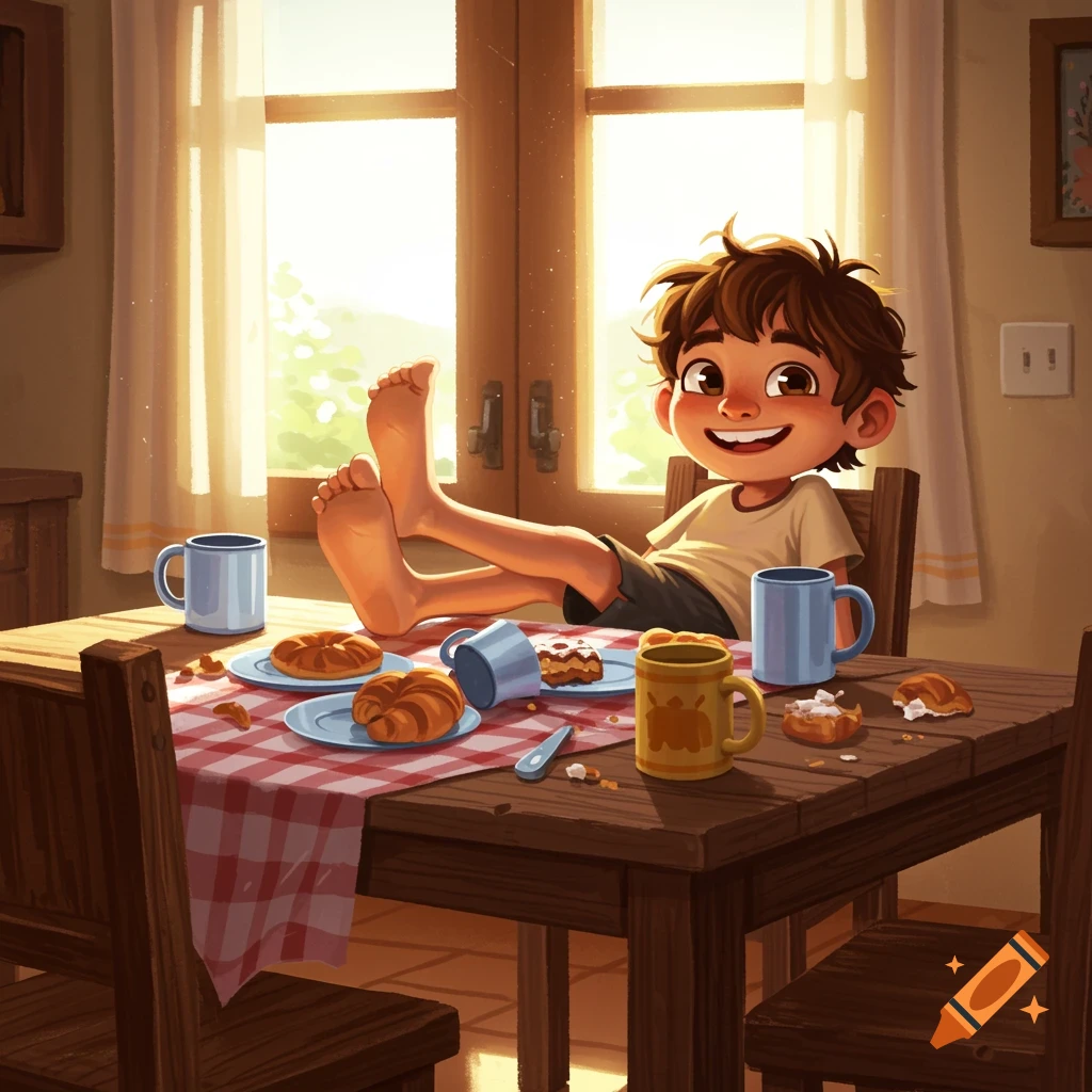 Barefoot boy with feet up on table on Craiyon