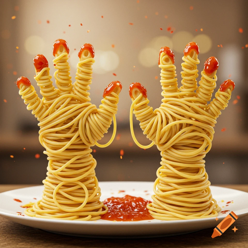 Two hands made of spaghetti with red sauce fingertips stand on a plate ...