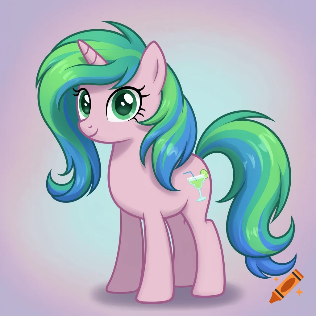 Pink cartoon pony with green and blue mane and a cocktail glass symbol ...