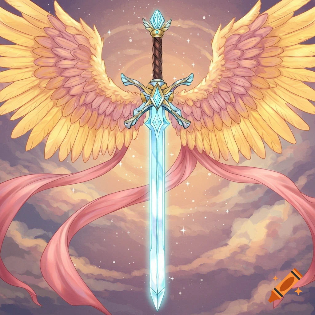 A stylized winged sword floating in a cloudy sky with stars and pink ...