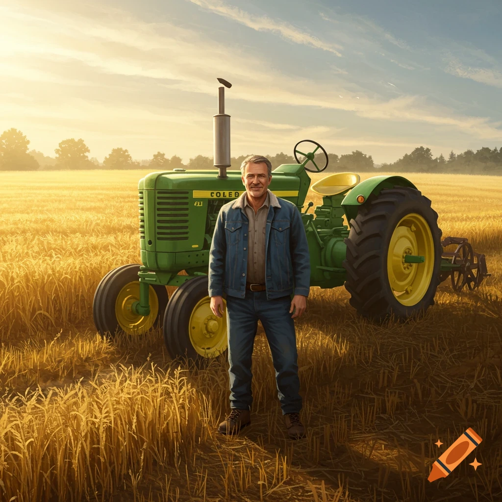 Woman in blue shirt and shorts sitting on a tractor in rugged farm ...