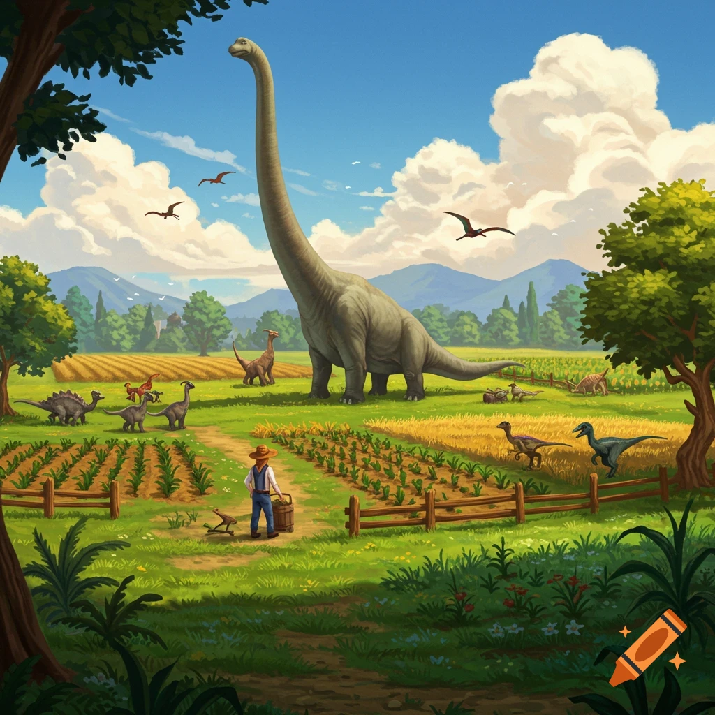 Dinosaurs in a Jurassic Park and Stardew Valley crossover on Craiyon