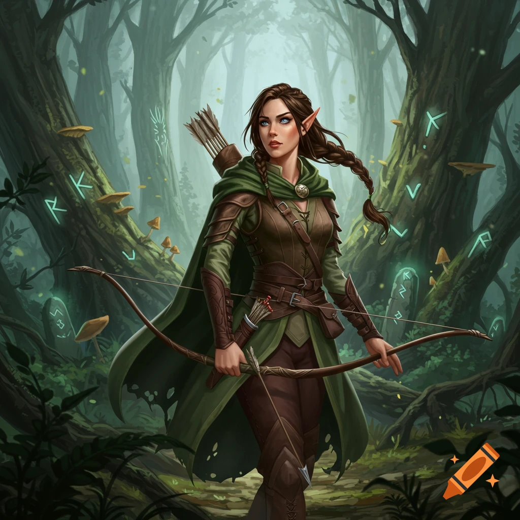 Woman with red hair, green eyes, and dirty tunic crouching by a stream ...