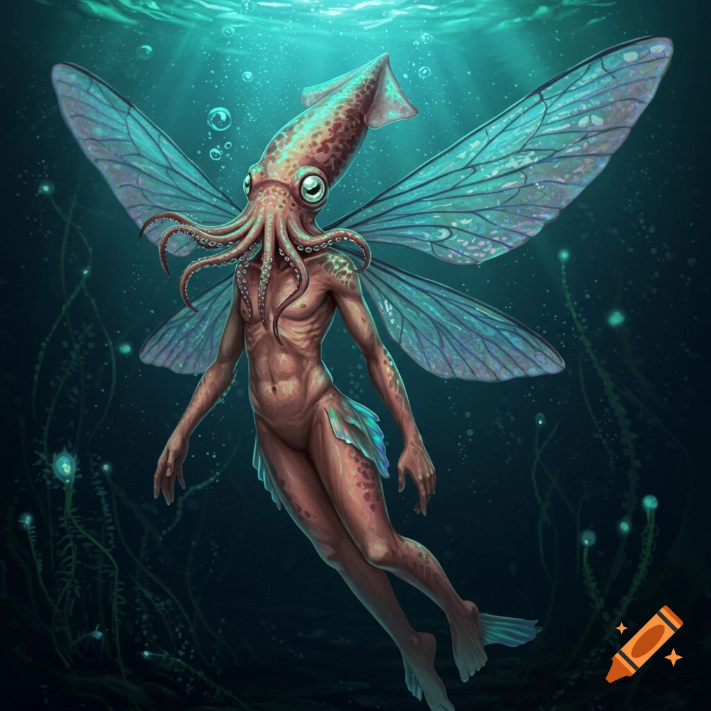 Fantasy creature hybrid of human, squid, and insect swimming underwater on Craiyon