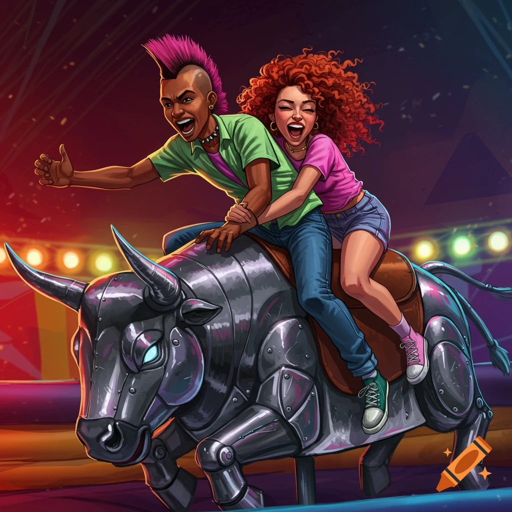 Illustration of two people riding a metallic mechanical bull in a rodeo ...