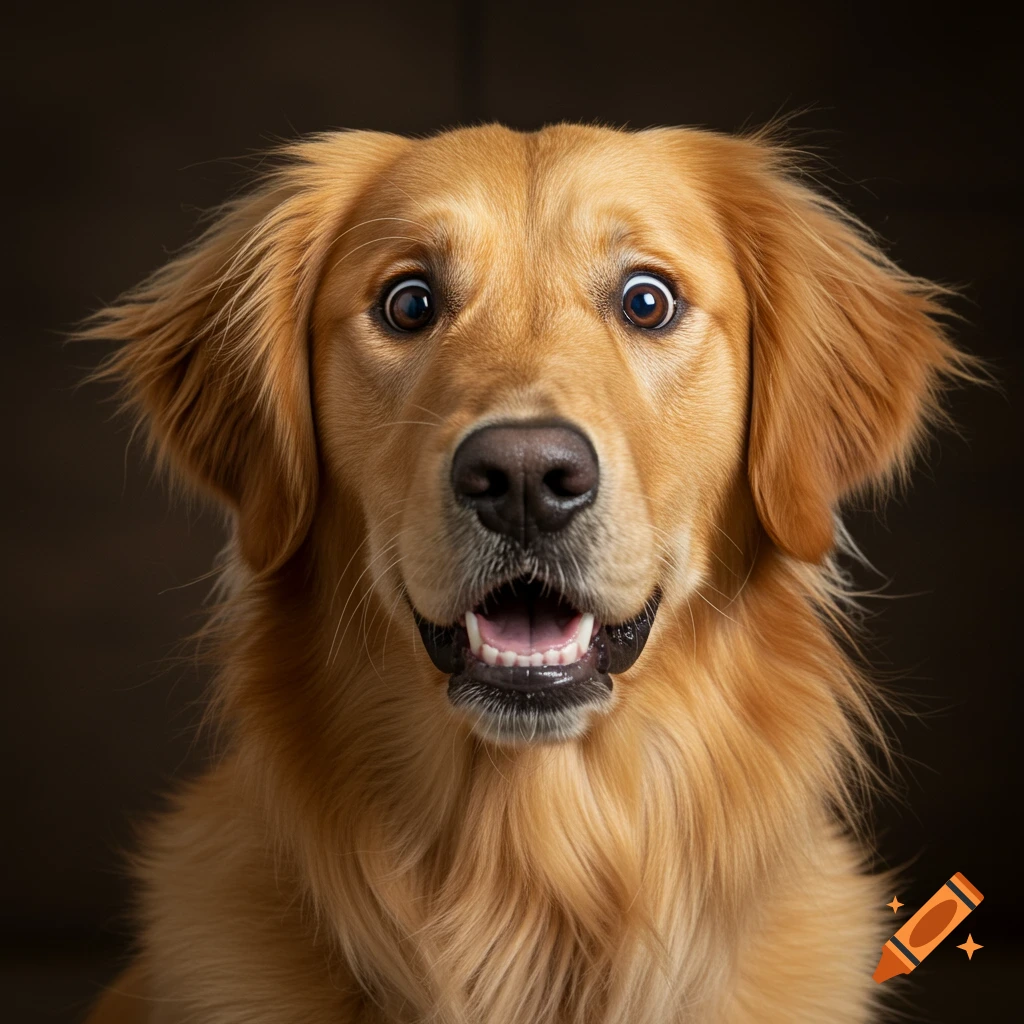 Dog with surprised expression looking at camera on Craiyon