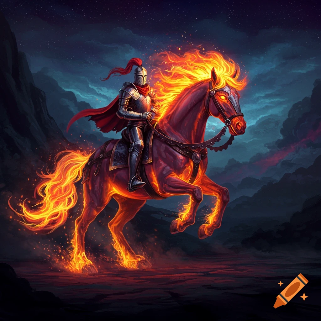 Knight in armor riding a horse with fiery mane and tail in a dark ...