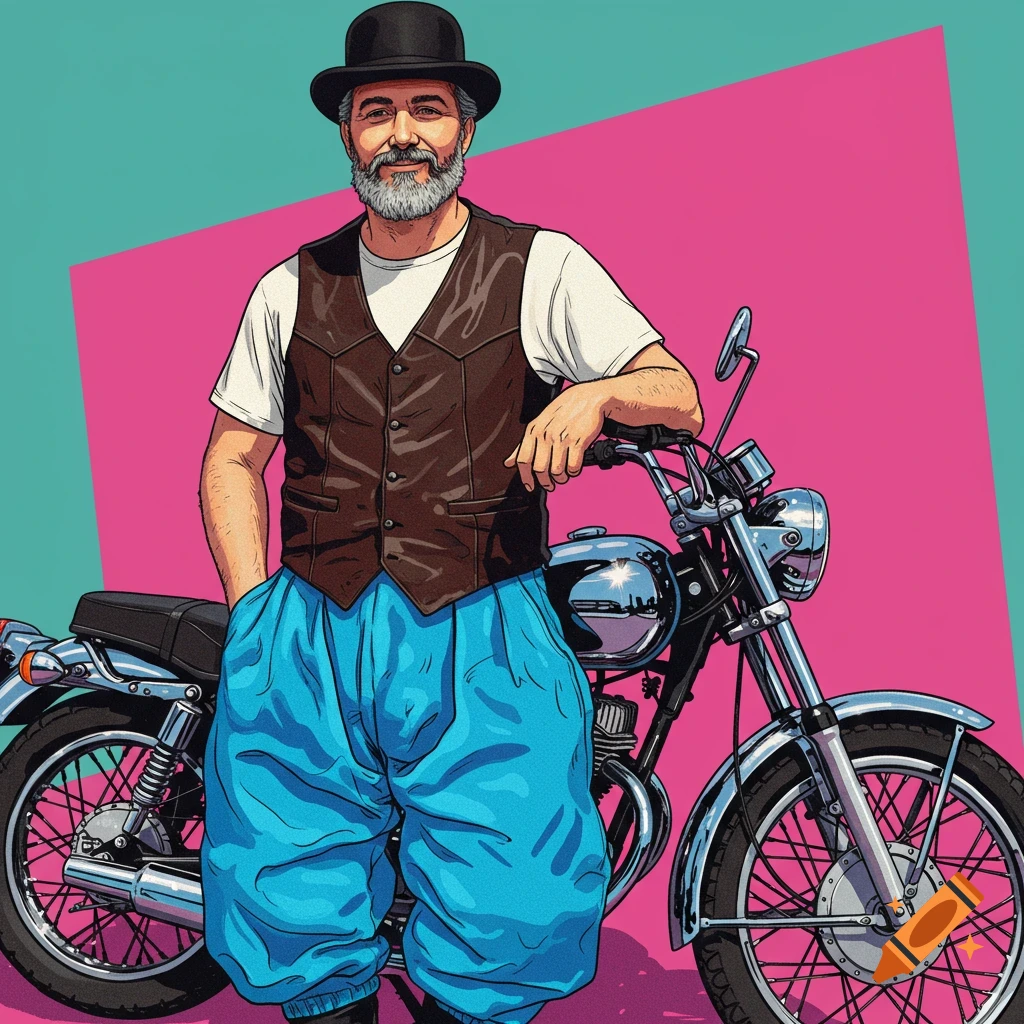 Man in bowler hat, leather vest, and parachute pants on Craiyon