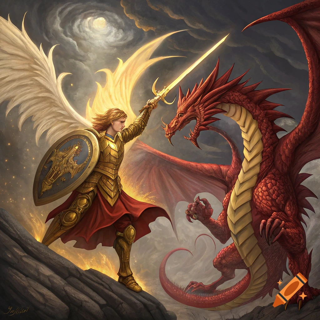 An archangel with wings and golden armor battles a red dragon, raising ...