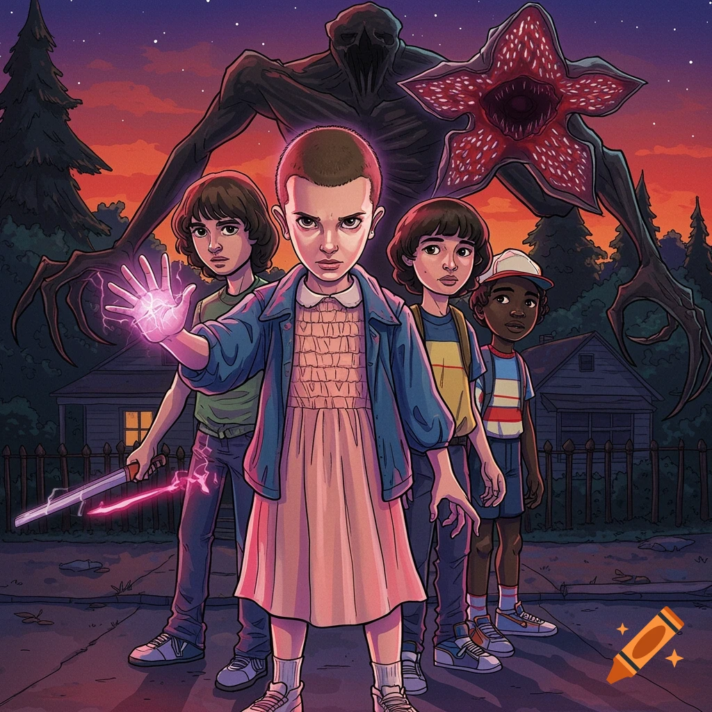 Illustration of Stranger Things kids and monsters in a suburban street ...