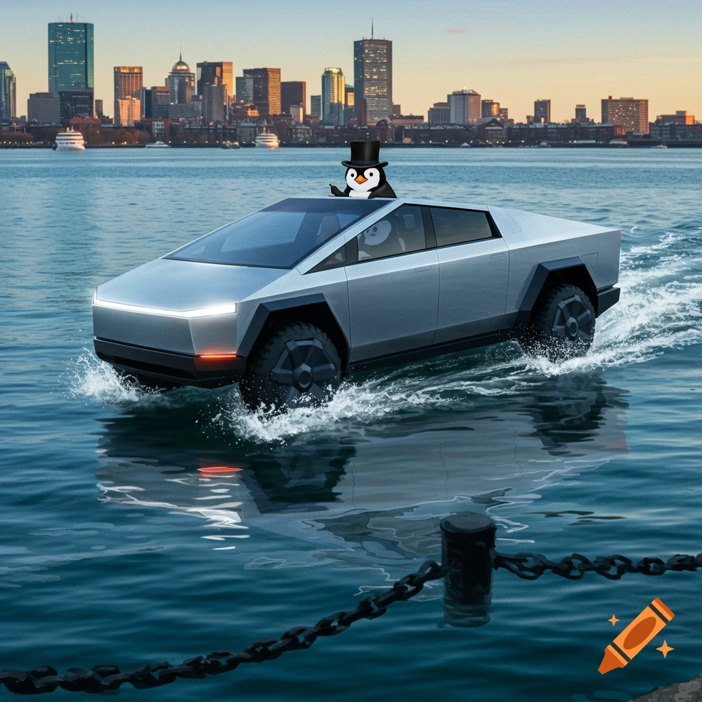 Penguin driving a Tesla Cybertruck into Boston Harbor on Craiyon