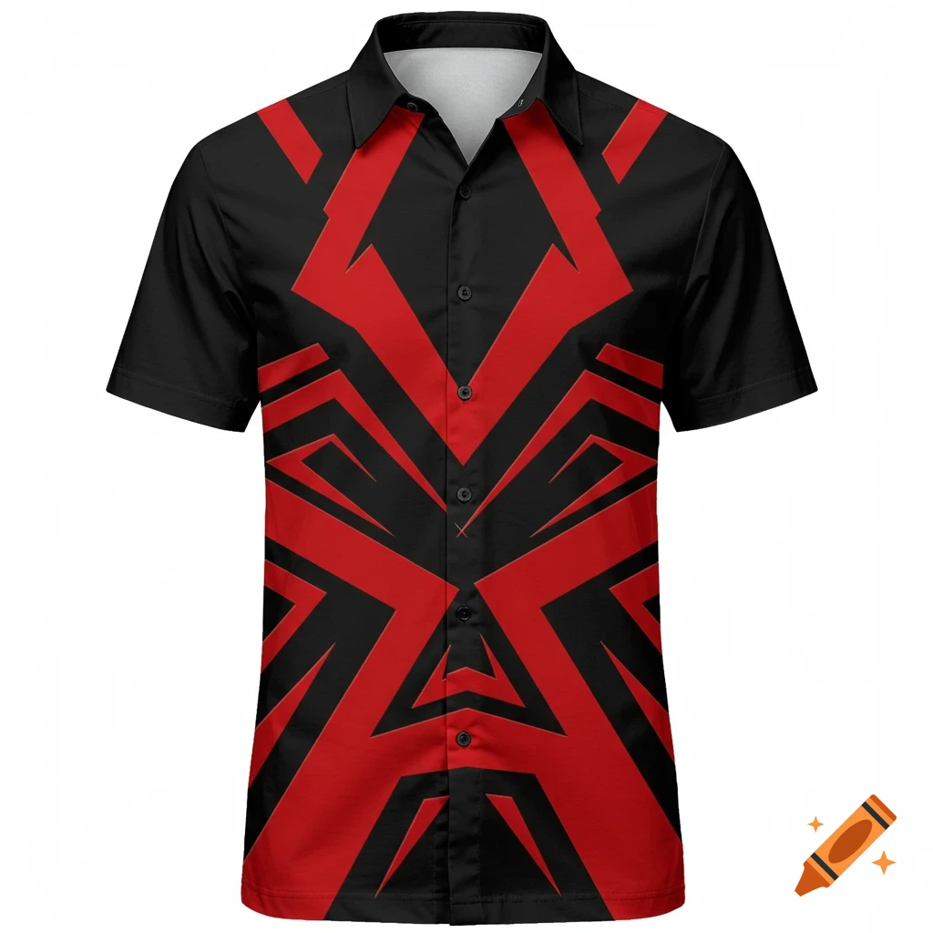 A black short-sleeved shirt with a red geometric pattern. on Craiyon