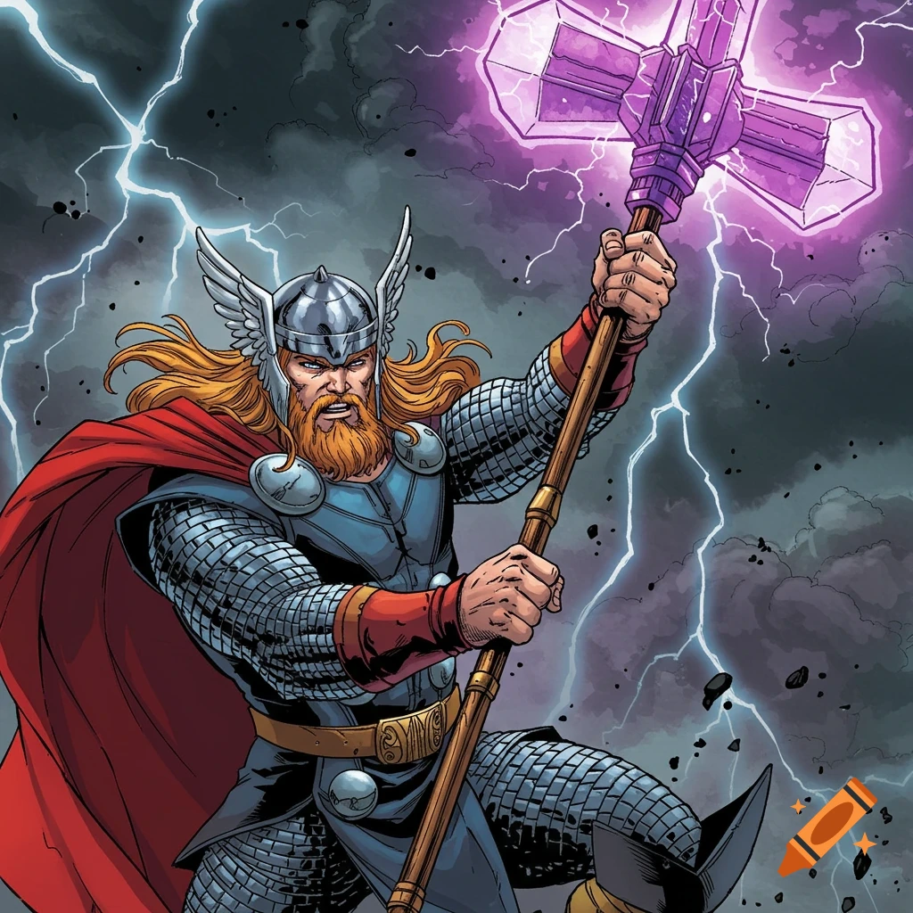 Nordic barbarian Thor summoning lightning on Craiyon