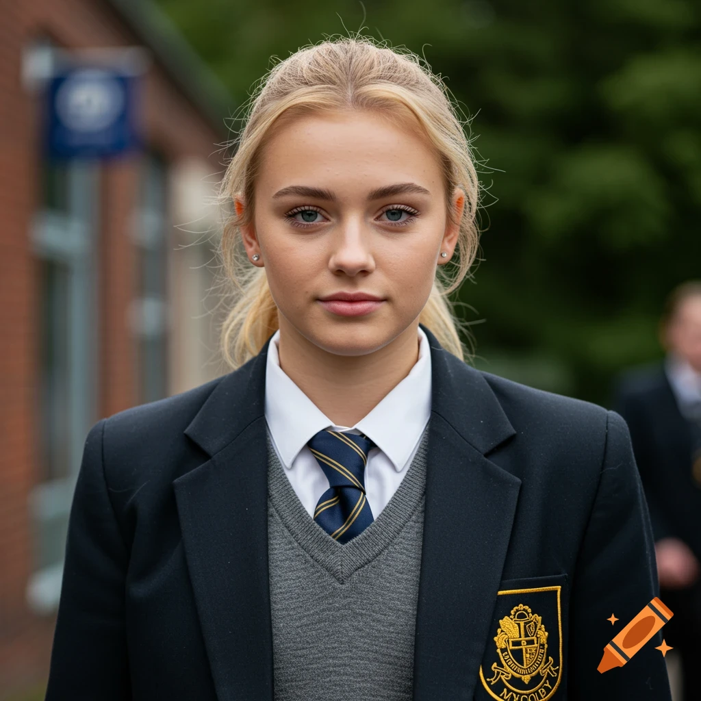 Blonde female student in school uniform with blazer and sweater. on Craiyon