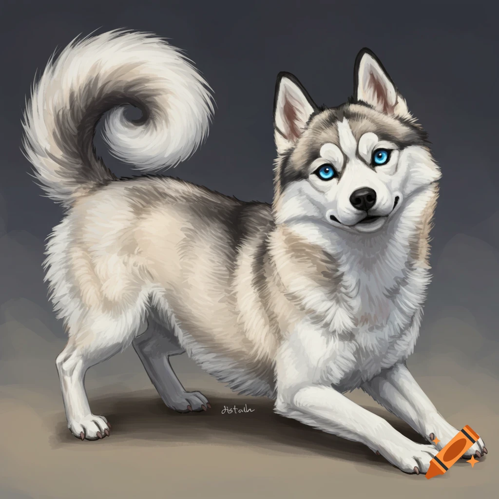 Piebald husky jumping over a wooden fence with a devious look on Craiyon