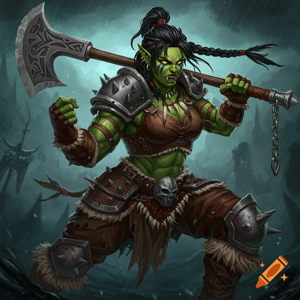 Female half orc barbarian character art from Dungeons and Dragons on Craiyon