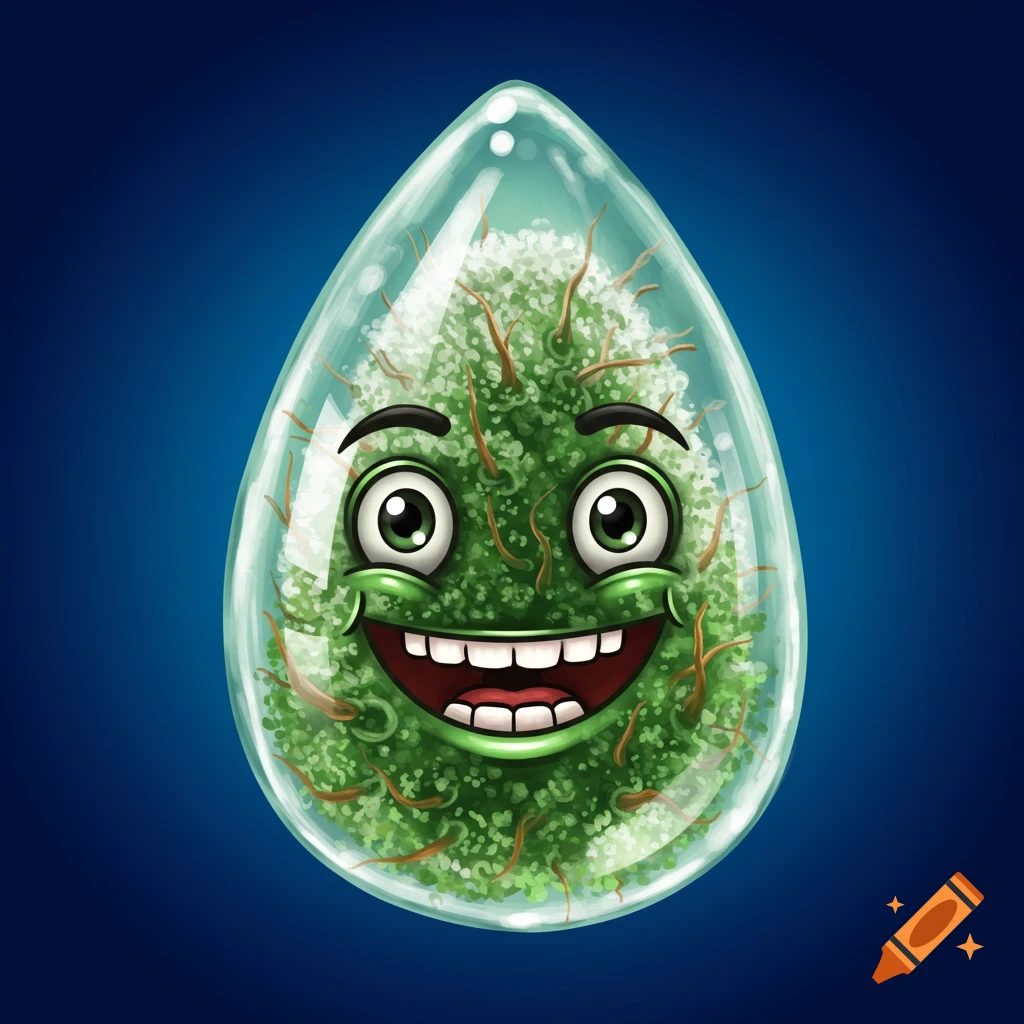 Cartoon illustration of a cannabis trichome head inside a clear drop ...