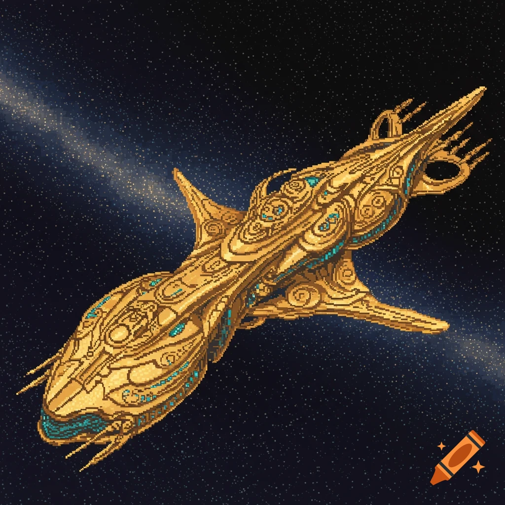 Top down pixel art of spaceship with continuous curves and divine armor ...