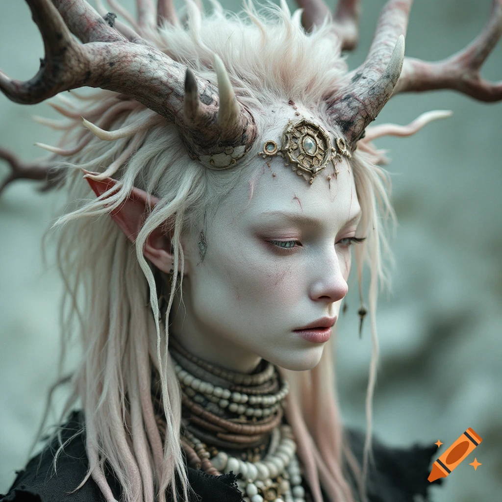 Surreal tribal woman with antler-like crests and pale skin on Craiyon