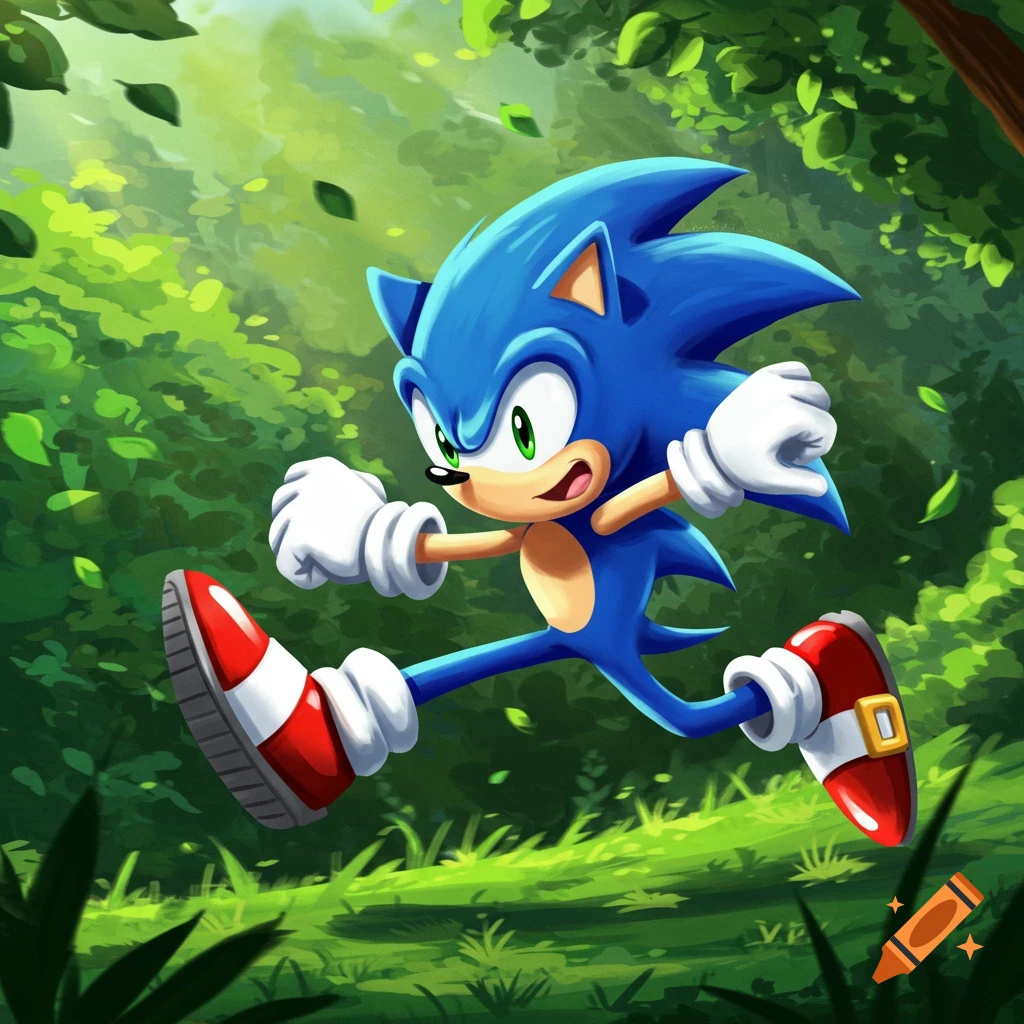 Sonic the Hedgehog runs through a vibrant green forest illustration on ...