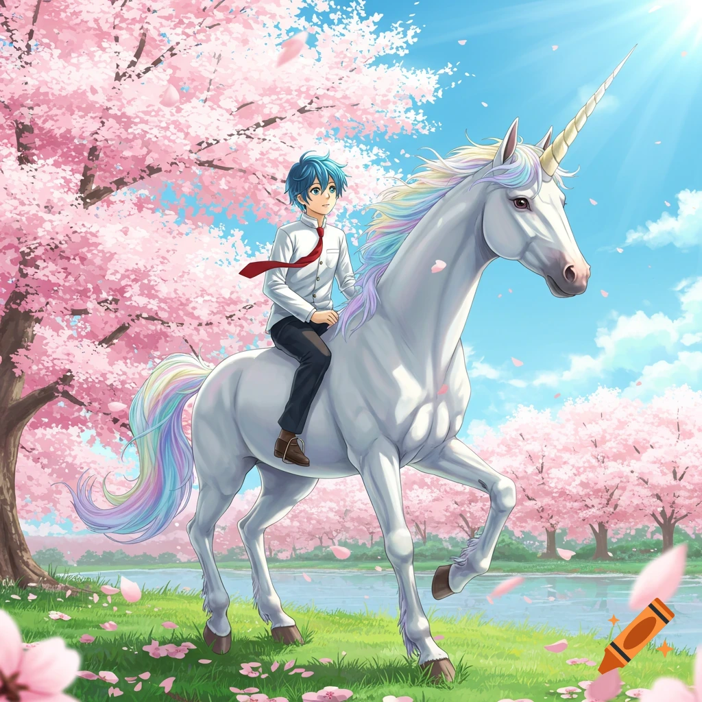 Anime boy riding a unicorn on Craiyon