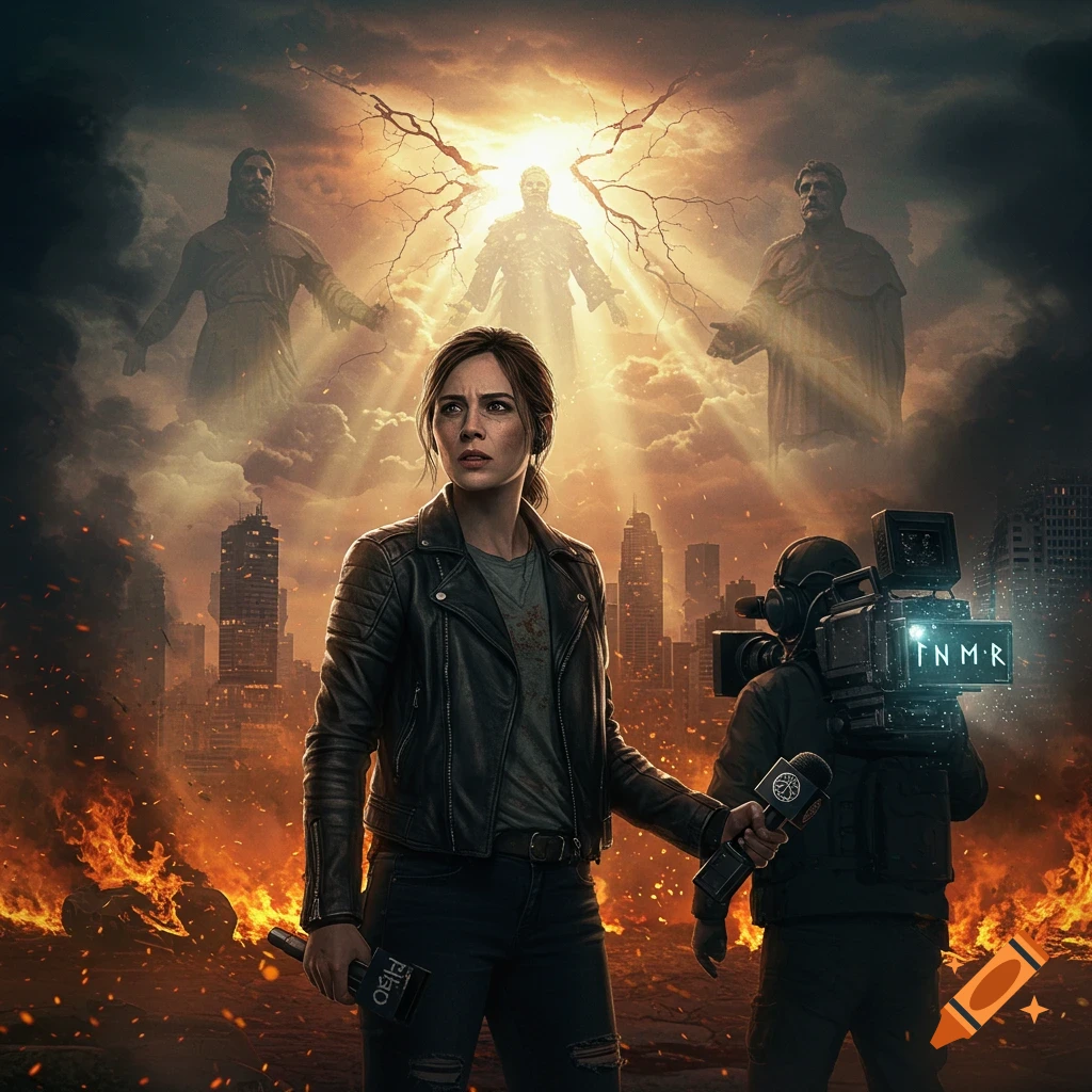 Female reporter in burning city at dusk, divine light and god shadows ...