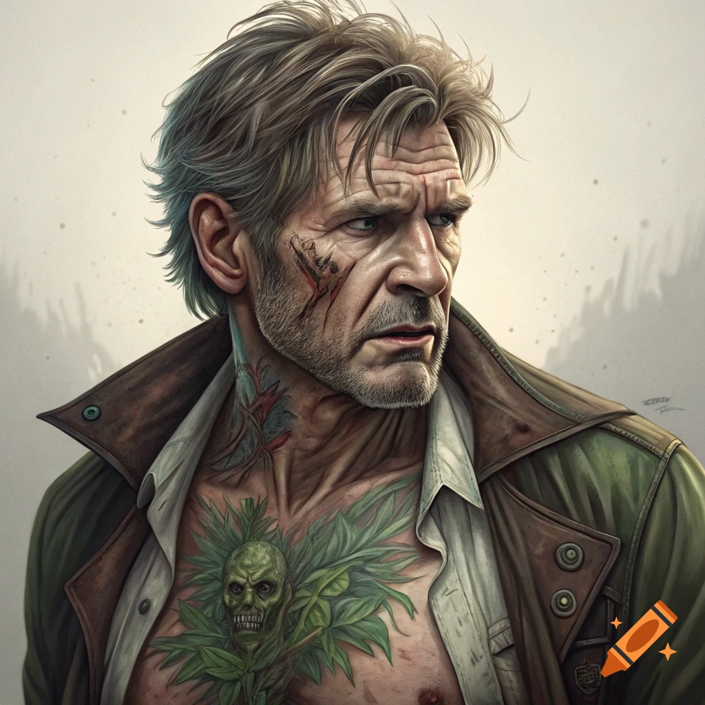 A man resembling Harrison Ford is shown with a zombie and leaf chest ...