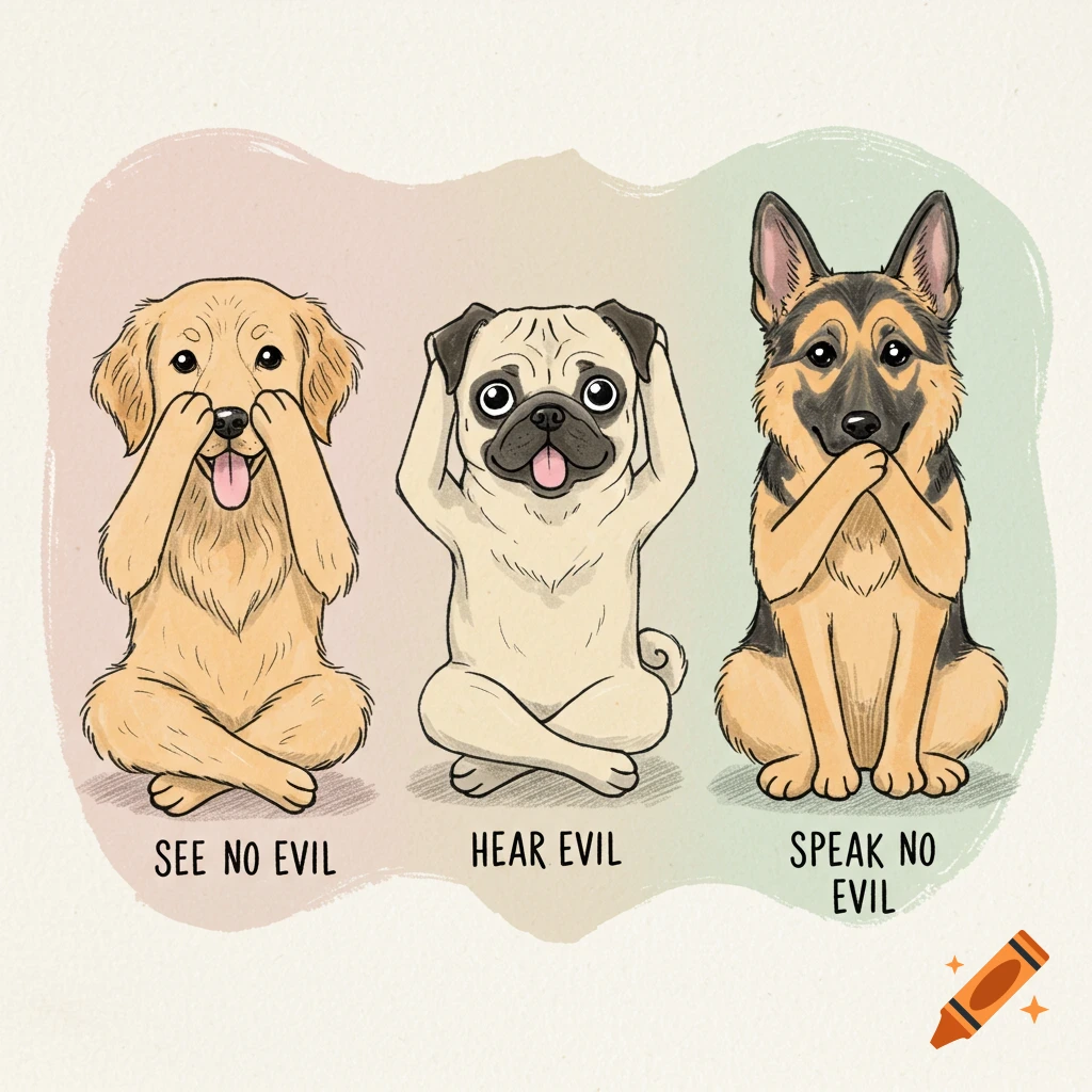 Hand drawn dogs depicting see no evil, hear no evil, speak no evil on ...