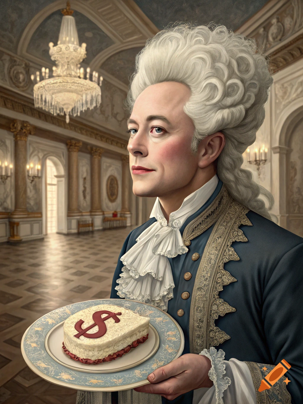 Elon Musk in drag with cake in Versailles-style palace on Craiyon