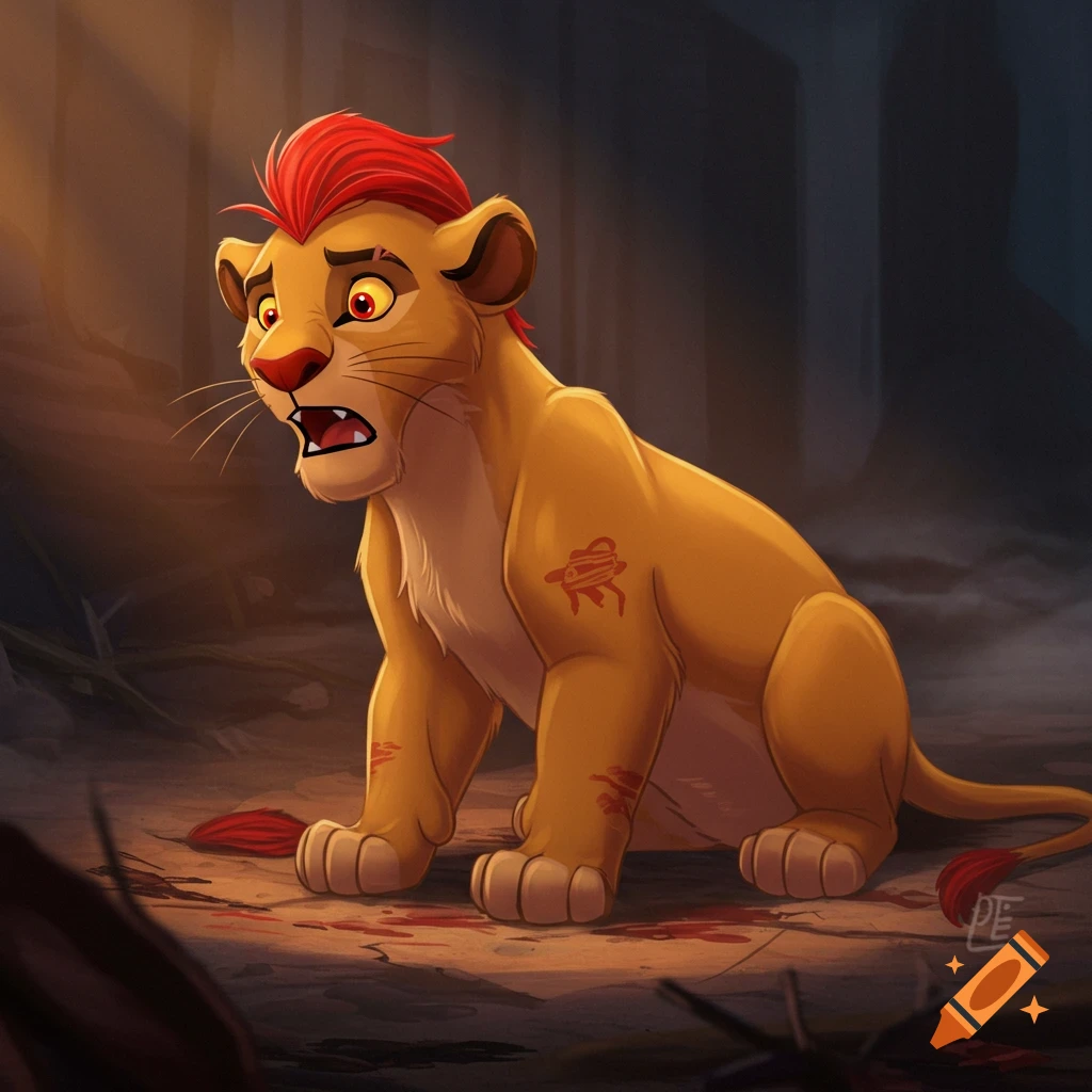 Cartoon lion cub resembling Kion sits on bloody ground, looking scared. on Craiyon