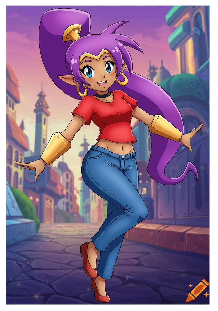 A Shantae amiibo figure standing on its base. on Craiyon