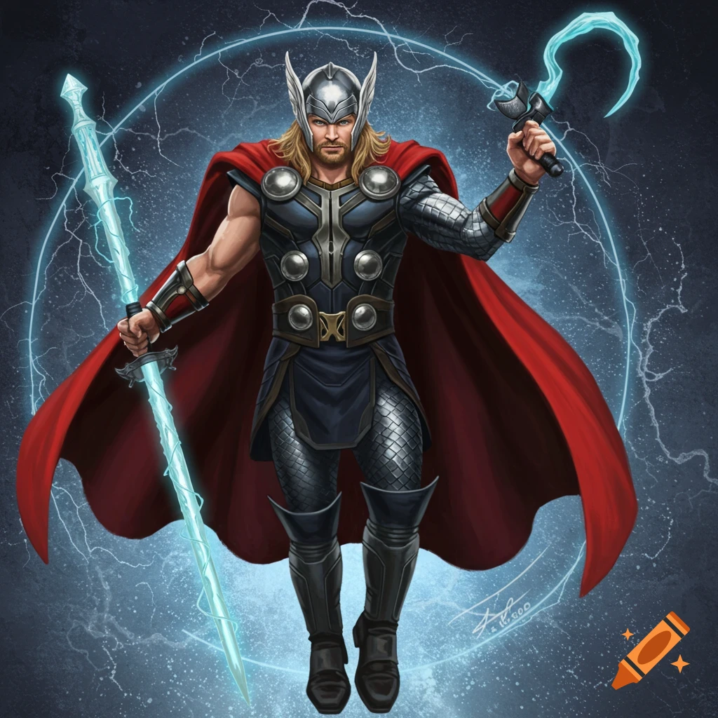 Illustration of Thor holding a glowing sword and Mjolnir, standing in ...