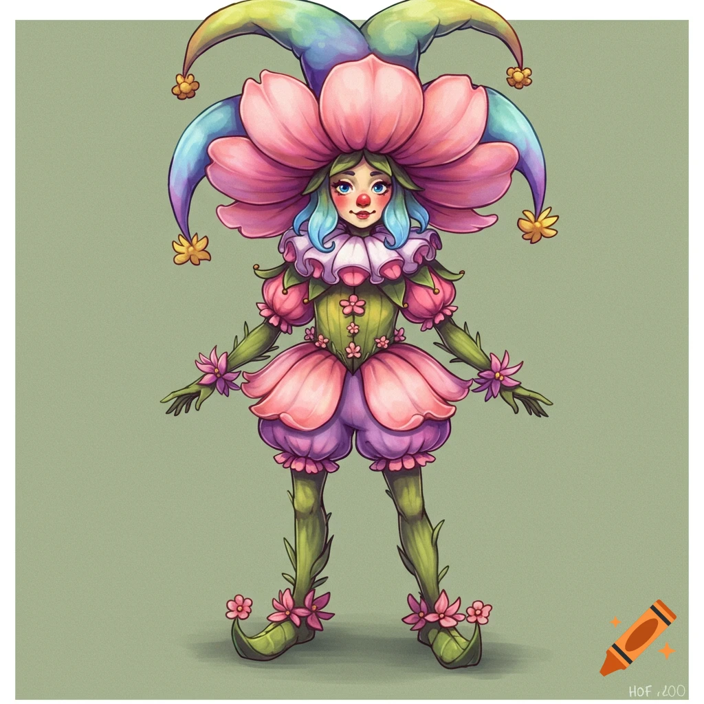 Nature-themed jester with flower hat and rainbow floral outfit on Craiyon