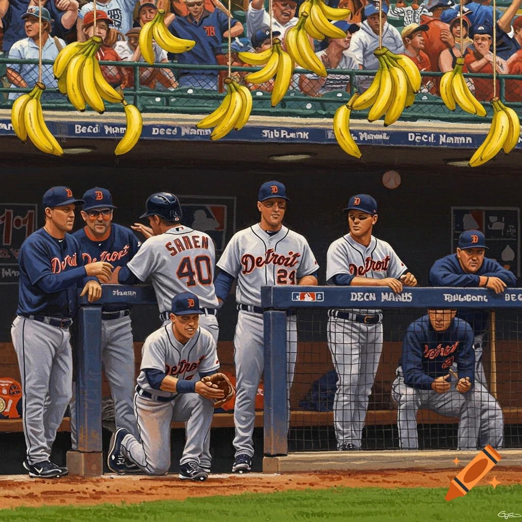 Detroit Tigers baseball team in dugout with bananas on Craiyon