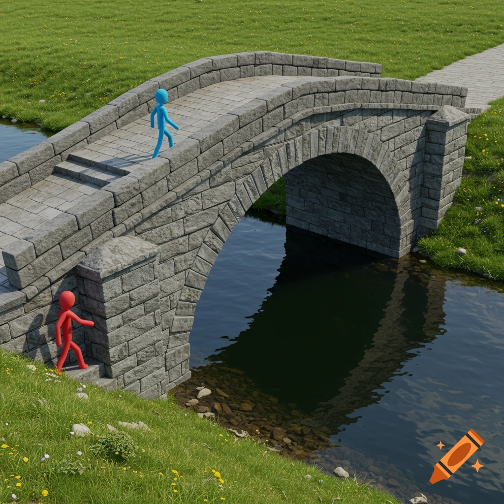 Bridge with blue and red stick figures walking up sides on Craiyon