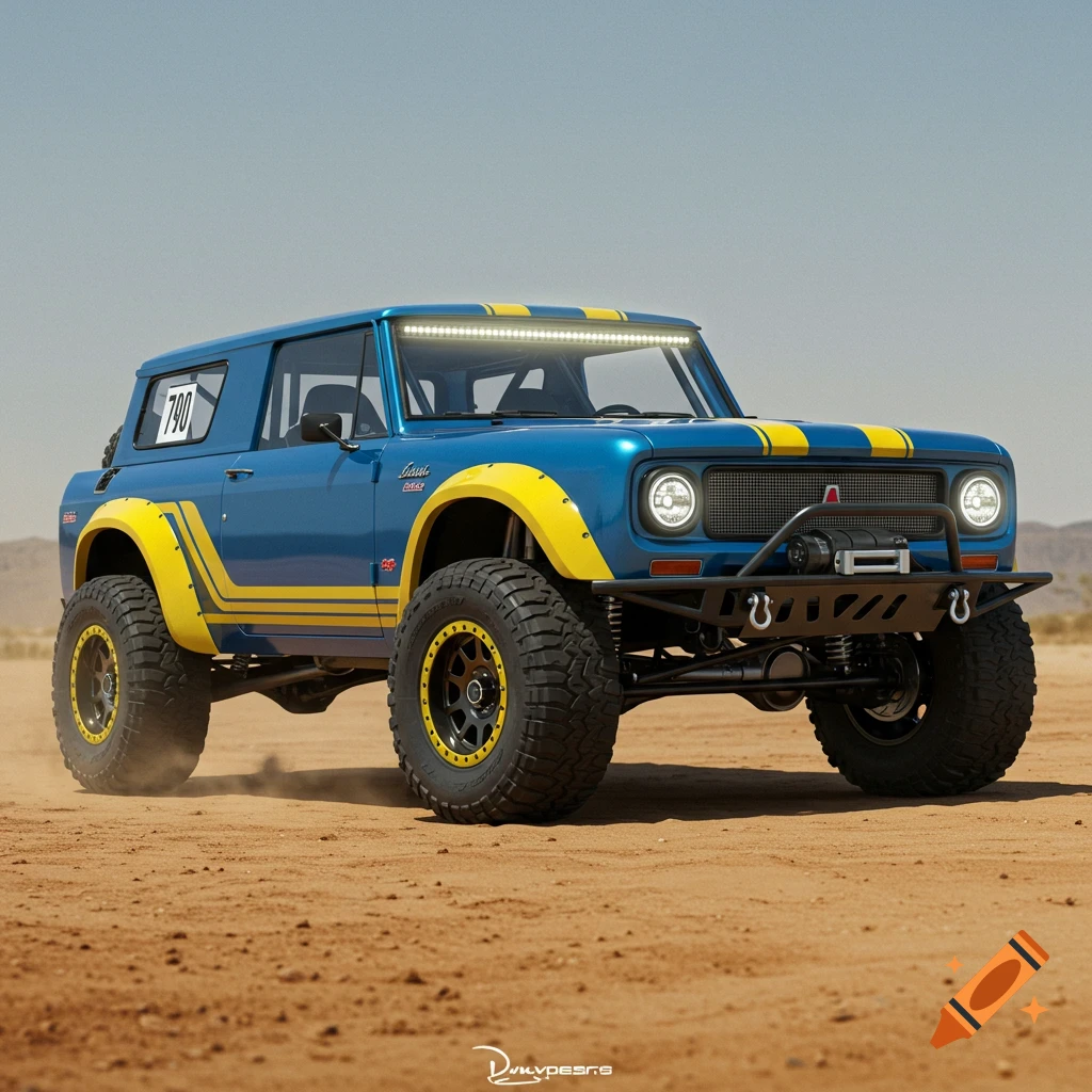 A blue and yellow modified International Scout trophy truck in a desert ...