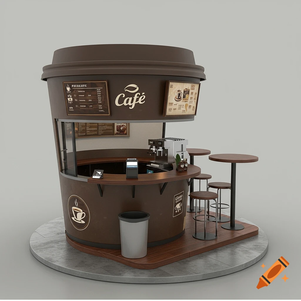 A 3D render of a coffee kiosk shaped like a large takeaway coffee cup ...