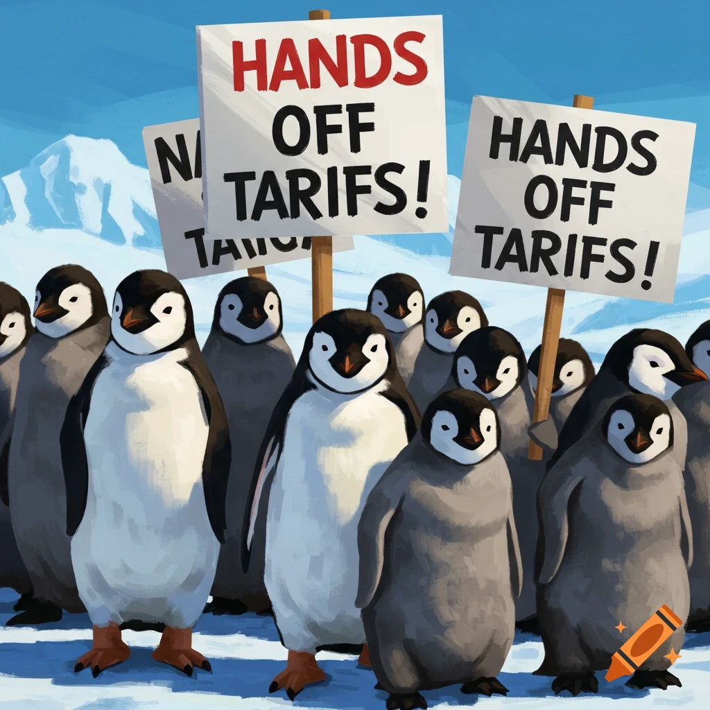 A group of penguins stands in the snow holding signs that say 'Hands ...