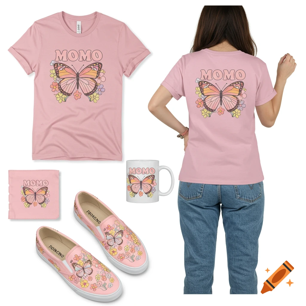 Merchandise set: pink t-shirt (front/back), mug, square item, slip-on ...