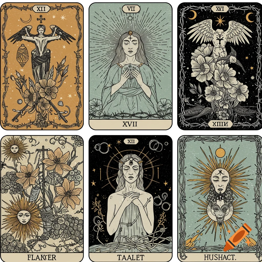 Hand-drawn tarot card deck with symbolic compositions on Craiyon