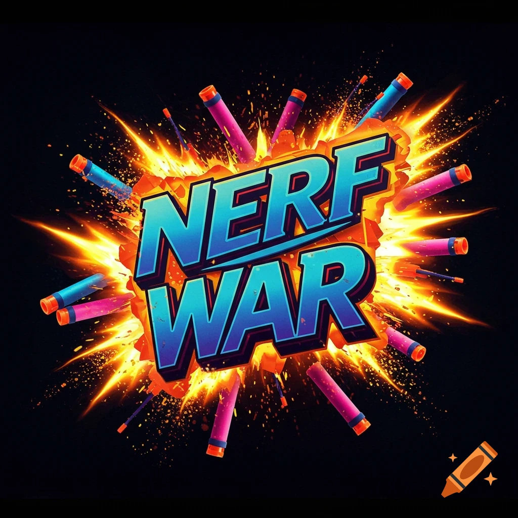 Logo graphic for Nerf War with text, sparks, and darts on Craiyon