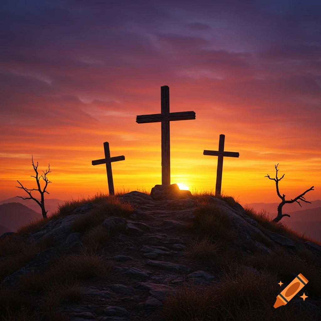 Crosses on a hill at sunset on Craiyon