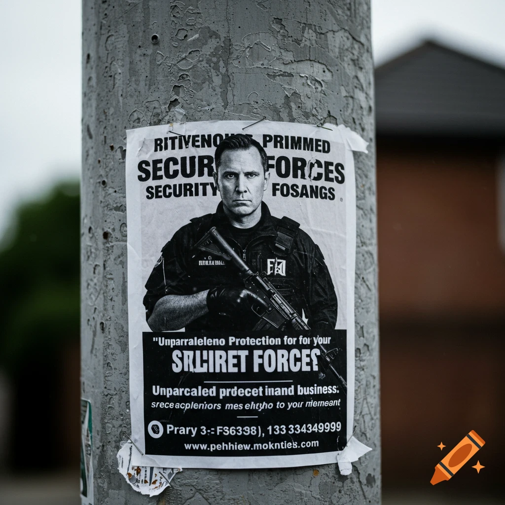 Rittenhouse Security Forces flyer on a telephone pole on Craiyon