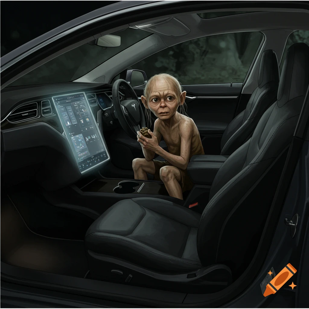 Sméagol driving a Tesla car on Craiyon