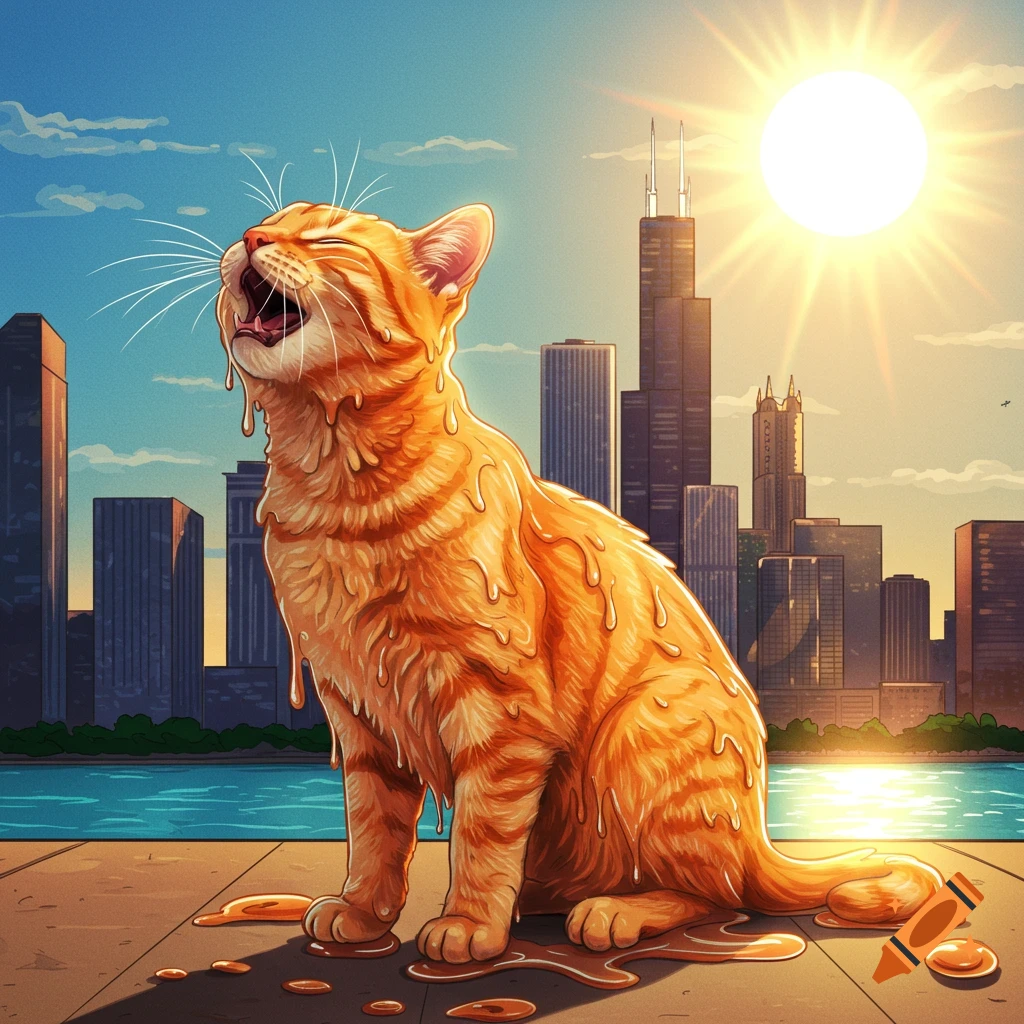 An orange cat appears to be melting and howling in front of the Chicago ...