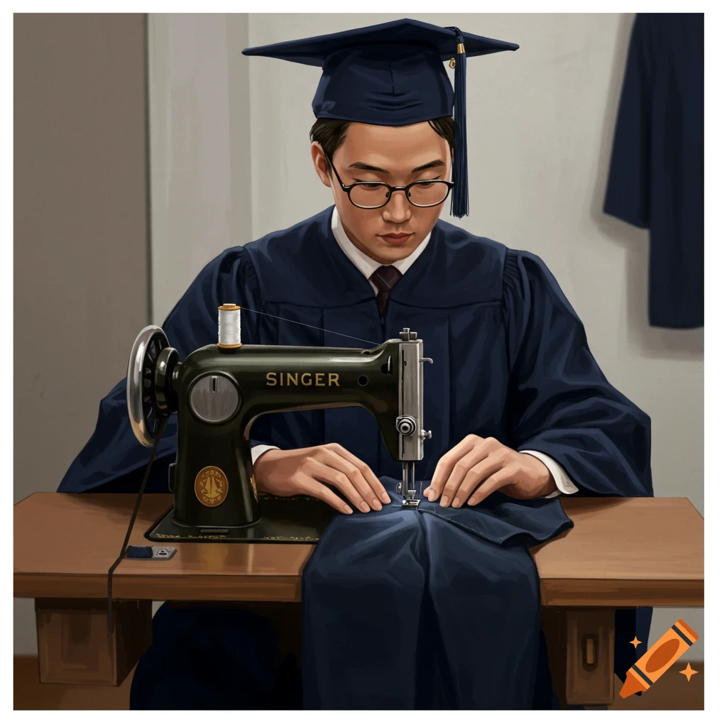 A person in a navy blue graduation gown and mortarboard hat sewing ...
