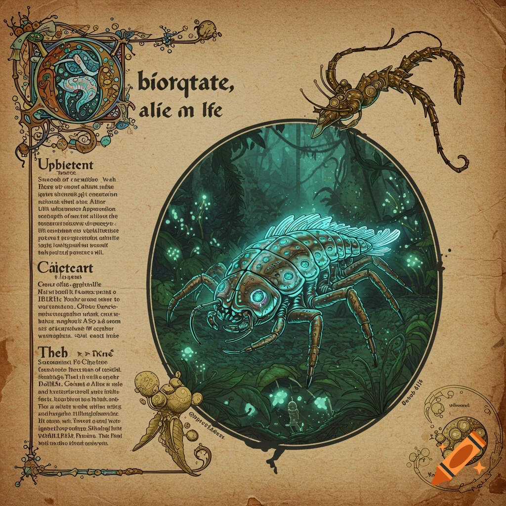 Page from an ancient illustrated encyclopedia showcasing exotic alien ...