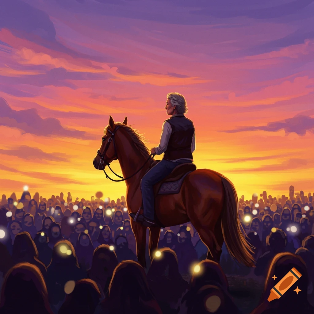 Person riding into the sunset, symbolizing retirement and leaving fans. on Craiyon