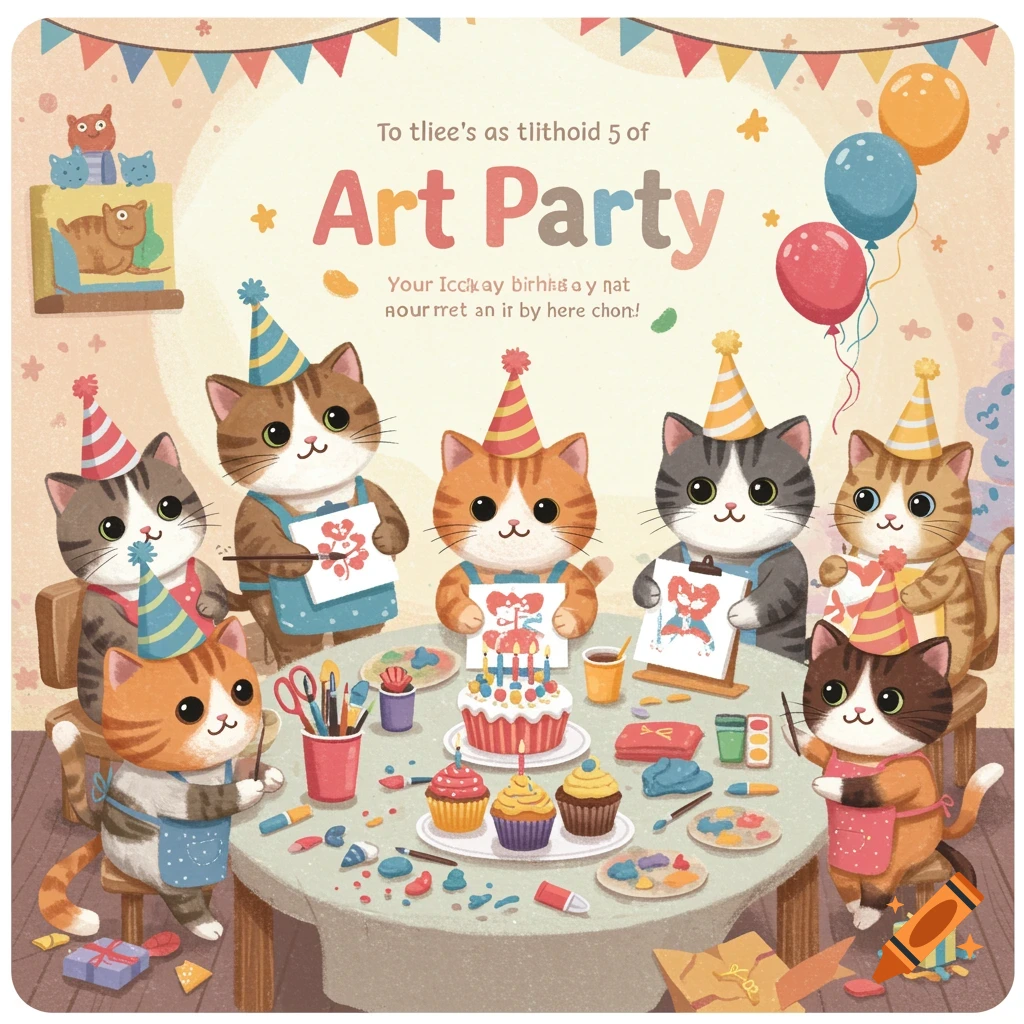 Birthday invitation with cats doing crafts and enjoying cupcakes on Craiyon